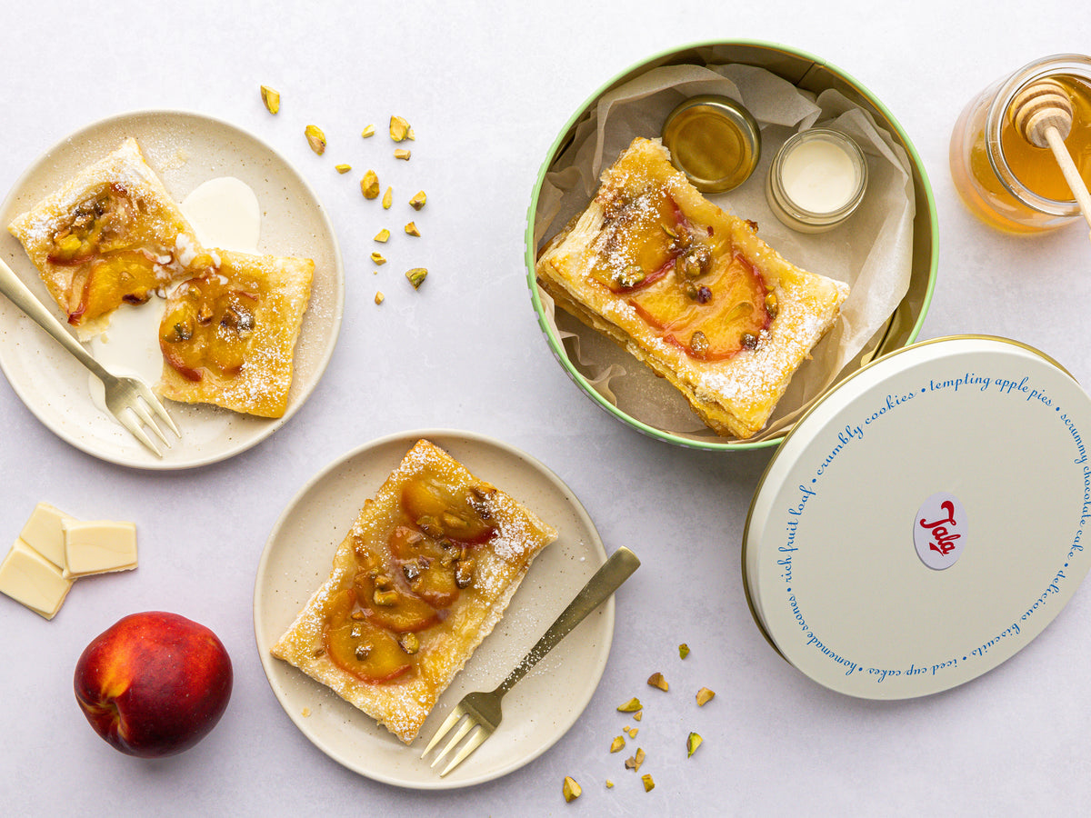 Upside Down Peach, Pistachio & White Chocolate Picnic Tarts – Tala Cooking