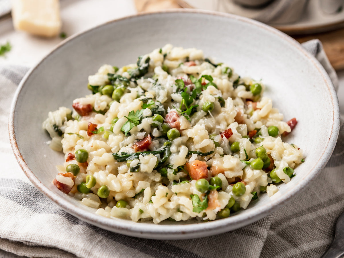 Creamy Pancetta and Spring Vegetable Risotto – Tala Cooking